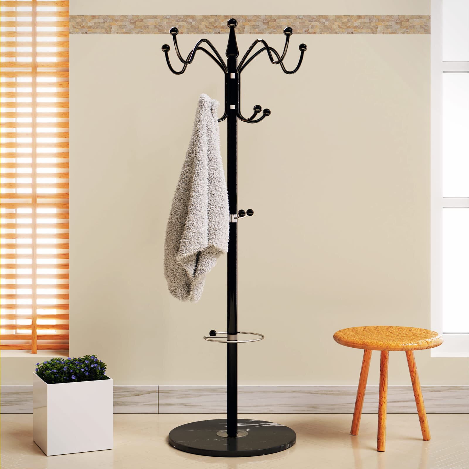 Stojanový věšák TENZY s mramorovým podstavcem, 37x173cm, černá|Jurhan.cz